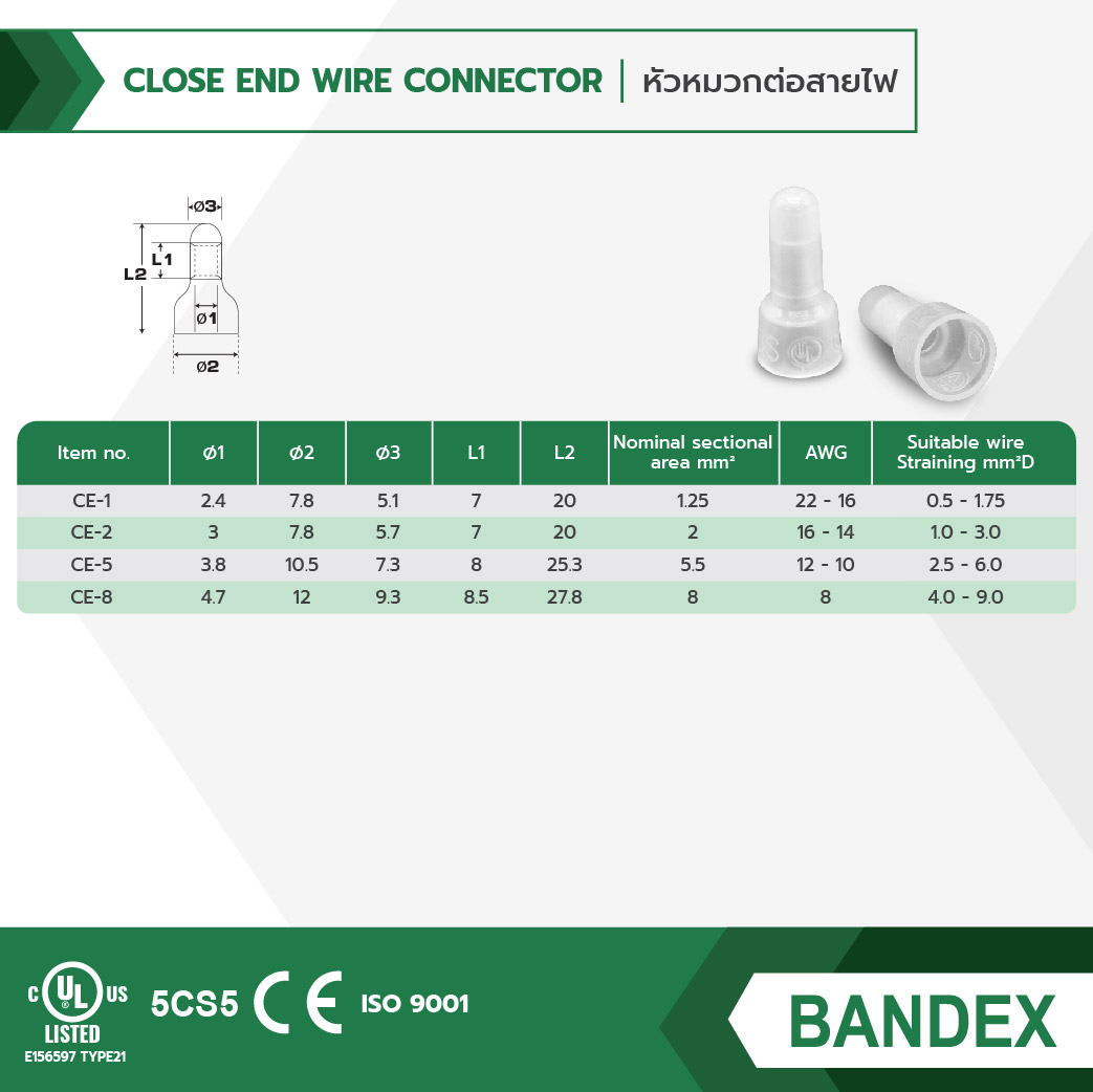 หัวหมวกต่อสายไฟ/Close End Wire Connector